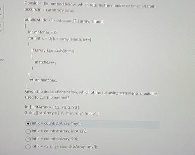 Solved Consider the method briow, which returns the number | Chegg.com