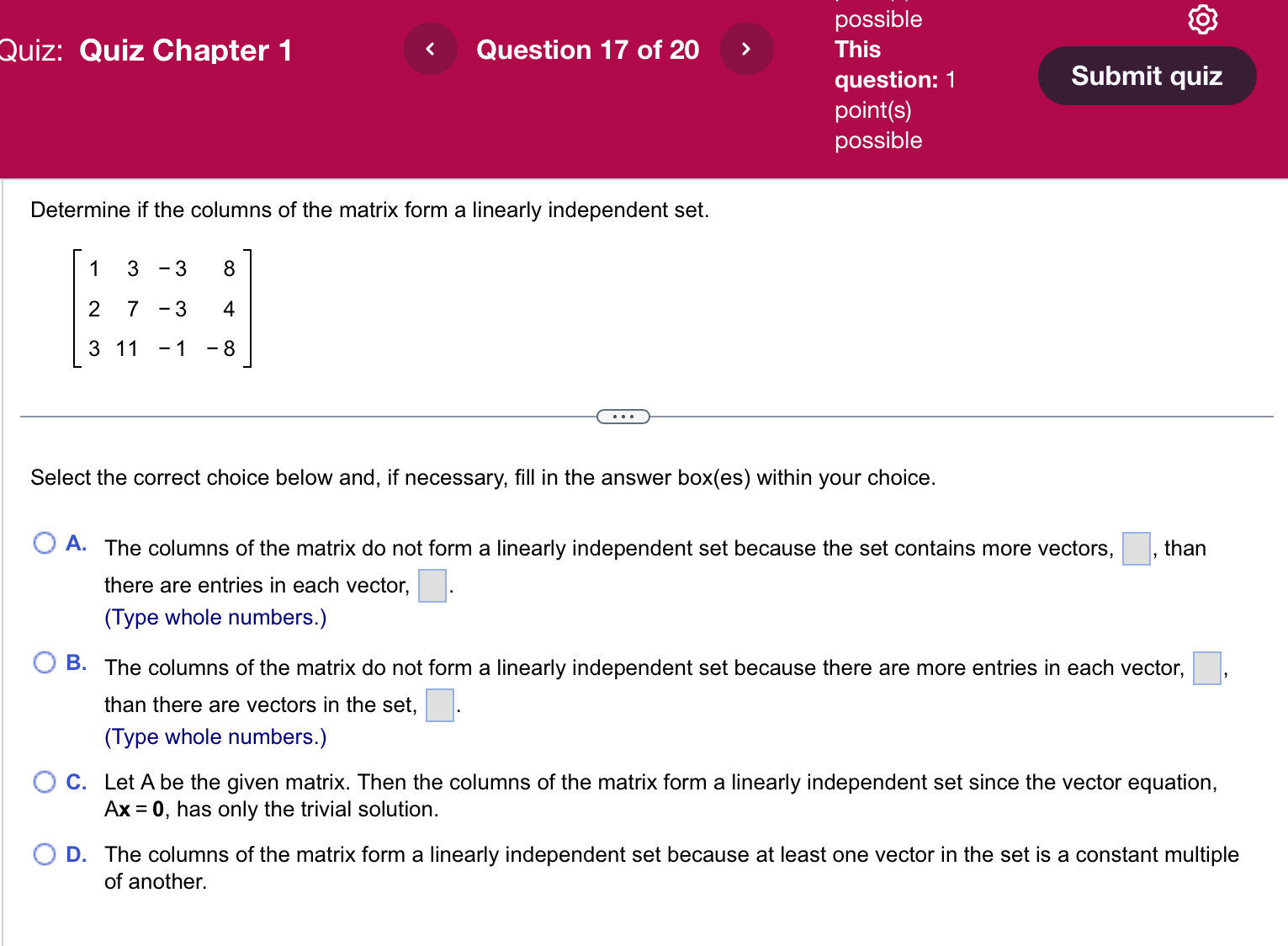 Solved Determine if the columns of the matrix form a | Chegg.com
