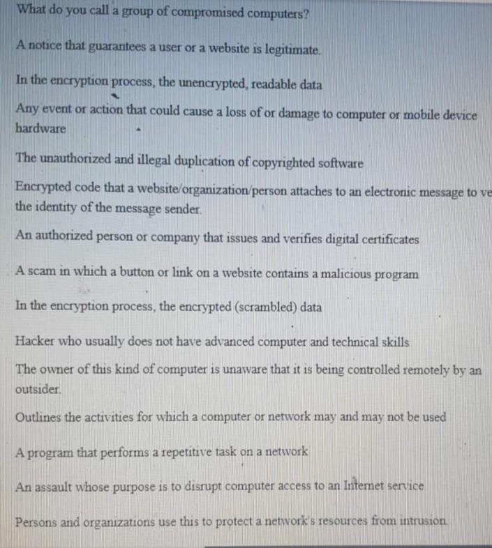 Solved What do you call a group of compromised computers? A | Chegg.com