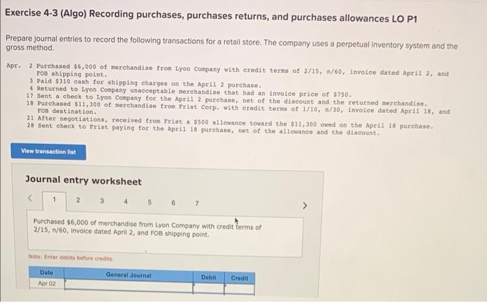 Solved Exercise 4-3 (Algo) Recording purchases, purchases | Chegg.com