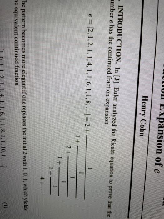 Solved Un Expansion of e Henry Cohn - INTRODUCTION. In [3], | Chegg.com