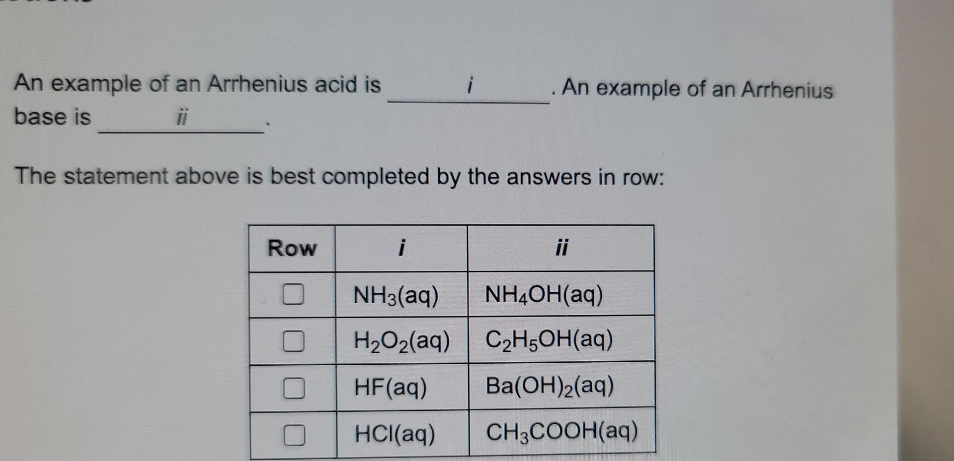 Solved i An example of an Arrhenius acid is base is . An | Chegg.com