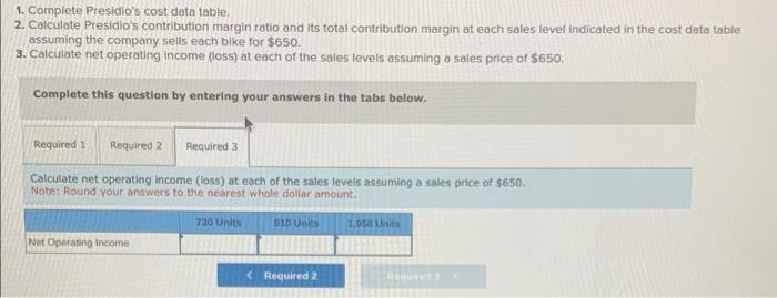 1. Complete Presidio's cost data table. 2. Calculate | Chegg.com