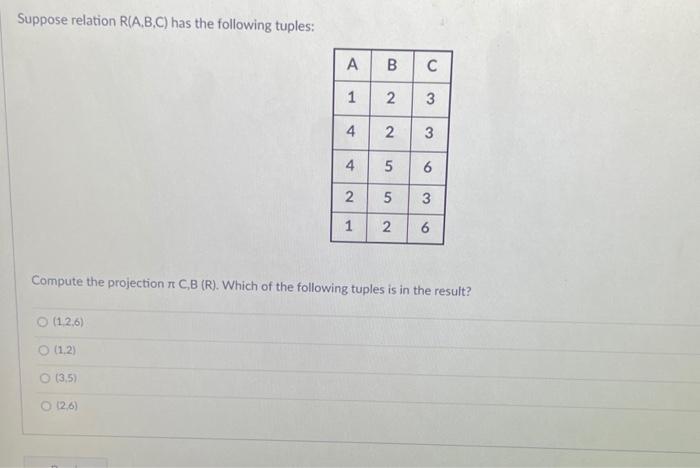 Solved Suppose relation R(A,B,C) has the following tuples: A | Chegg.com