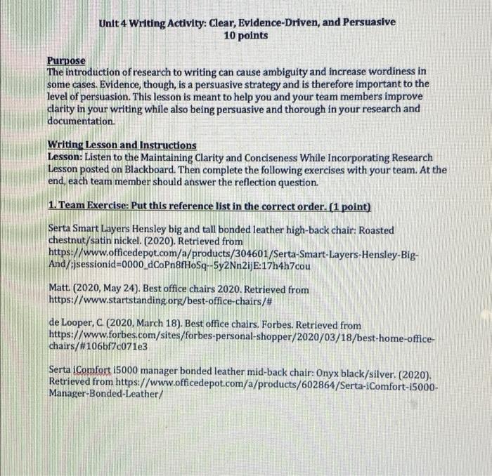 Unit 4 Writing Activity: Clear, Evidence-Driven, and | Chegg.com