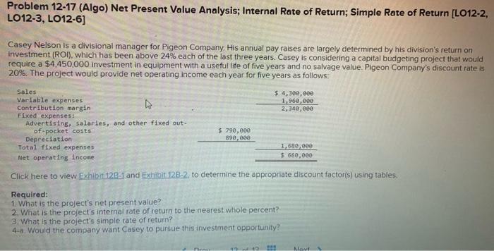 Solved Problem 12-17 (Algo) Net Present Value Analysis; | Chegg.com