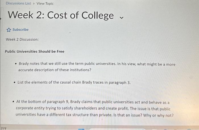 Solved Week 2: Cost of College Subscribe Week 2 Discussion: | Chegg.com
