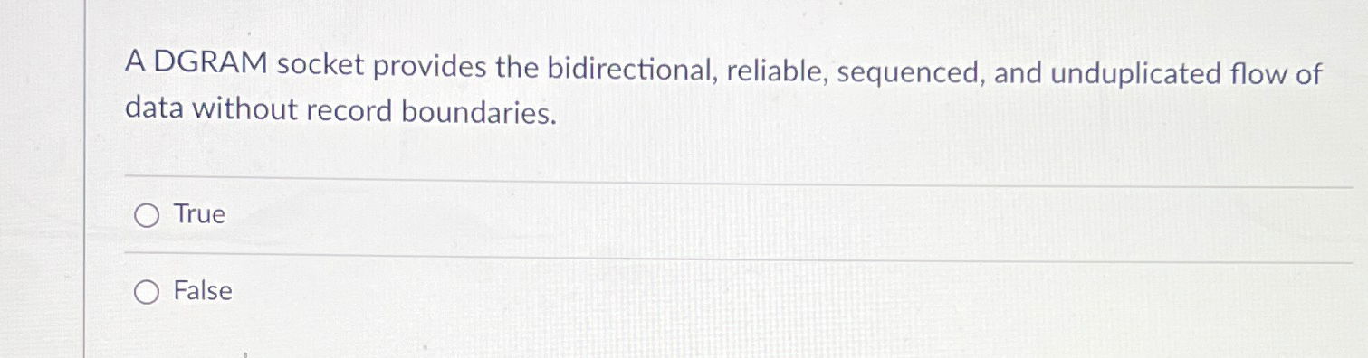 Solved A DGRAM socket provides the bidirectional, reliable, | Chegg.com