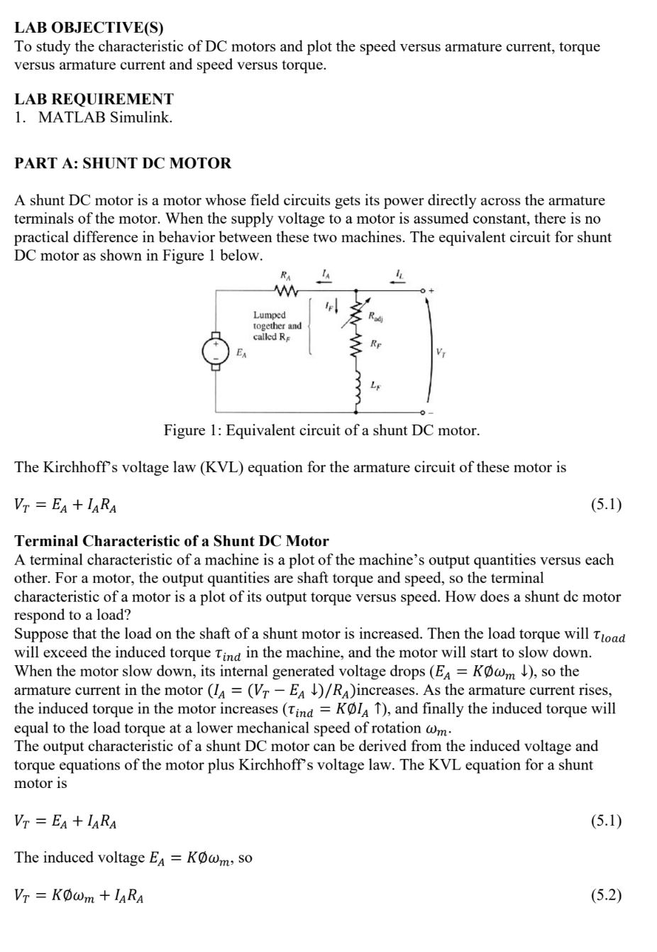 Solved PROCEDURE: Shunt DC Motor Characteristics: 1. Make a | Chegg.com