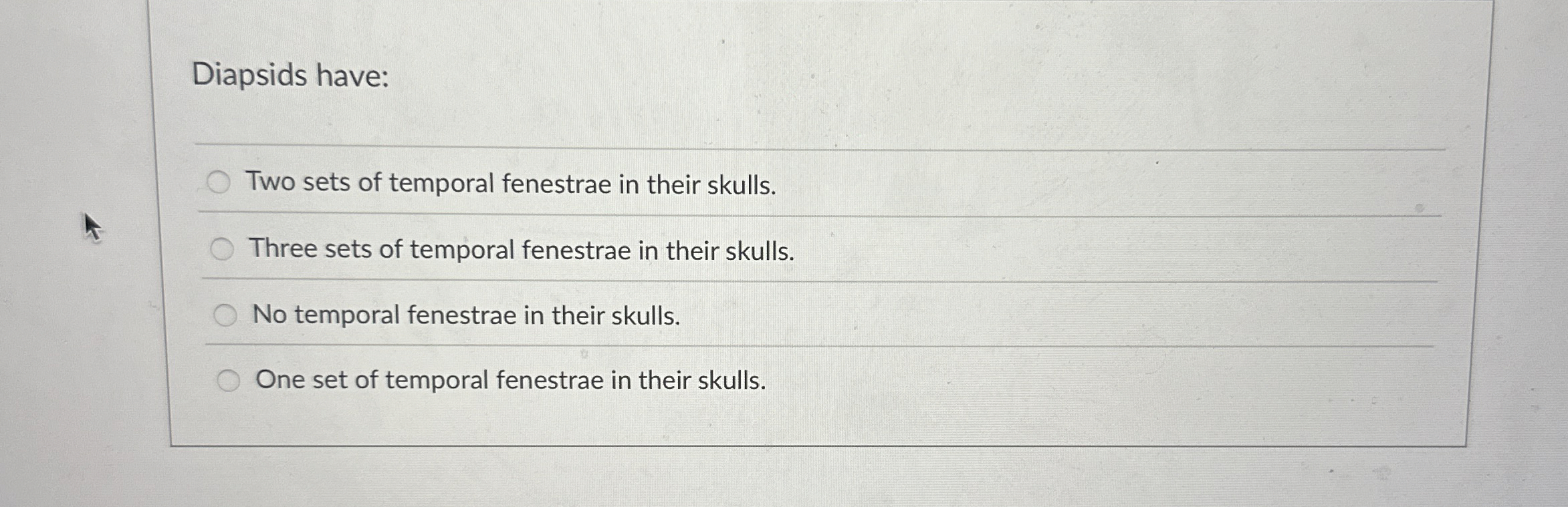 Solved Diapsids have:Two sets of temporal fenestrae in their | Chegg.com