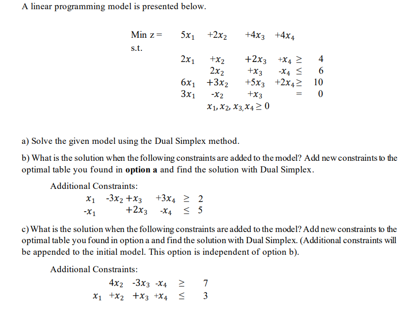 Solved Solve the given model using the Dual Simplex method. | Chegg.com