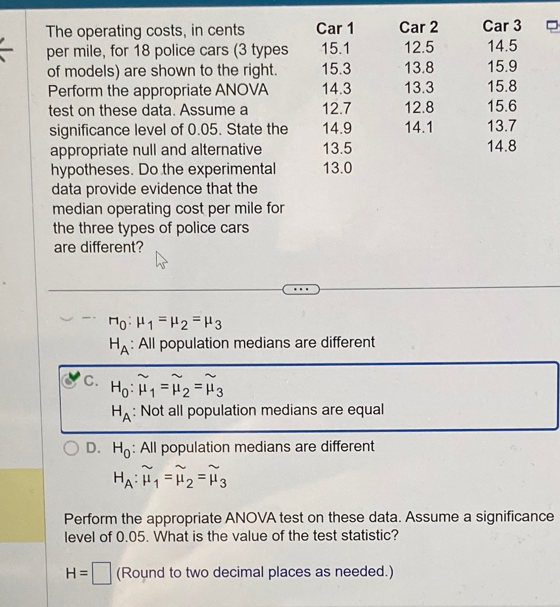 Solved The operating costs, in cents per mile, for 18 | Chegg.com