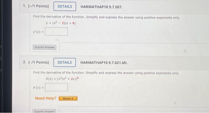 Solved 1. [-/1 Points] DETAILS Find the derivative of the | Chegg.com