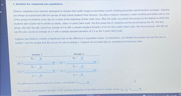 Solved 2. Notation for comparing two populations Tobacco | Chegg.com