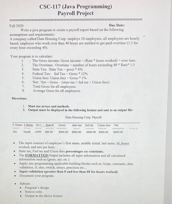 Solved CSC-117 (Java Programming) Payroll Project Fall 2020 | Chegg.com