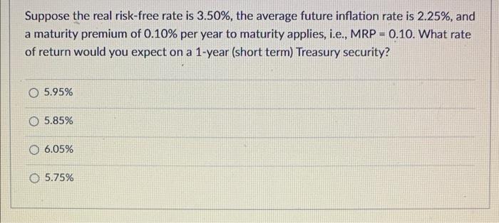 Solved Suppose the real risk-free rate is 3.50%, the average | Chegg.com