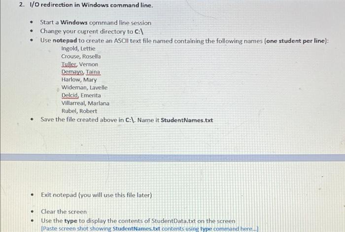 Solved 2. 1/0 redirection in Windows command line. Start a | Chegg.com