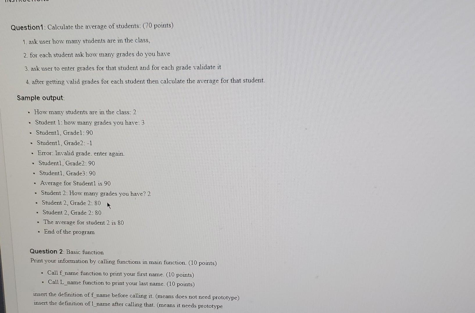 Solved Question1: Calculate the average of students: (70 | Chegg.com