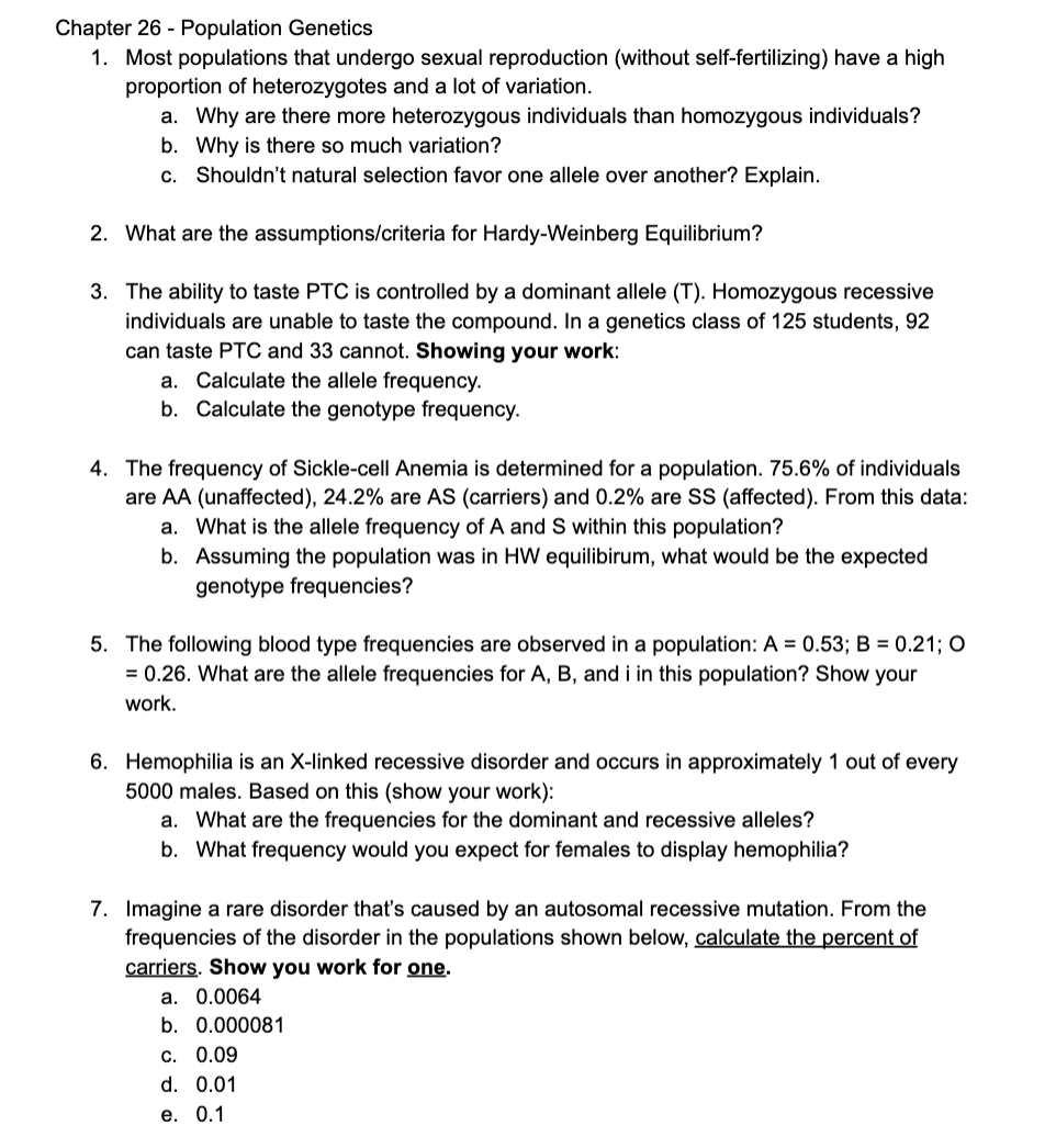 Solved Chapter 26 - ﻿Population GeneticsMost populations | Chegg.com