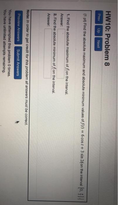 Solved HW10: Problem 8 Prev Up Next (1 pt) Find the absolute | Chegg.com