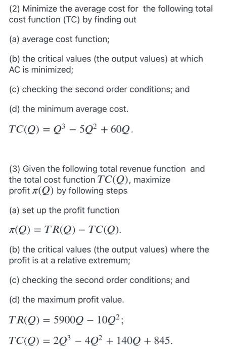 Solved (2) Minimize the average cost for the following total | Chegg.com