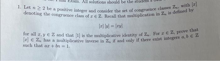 Solved 1. Let \\( n \\geq 2 \\) be a positive integer and | Chegg.com