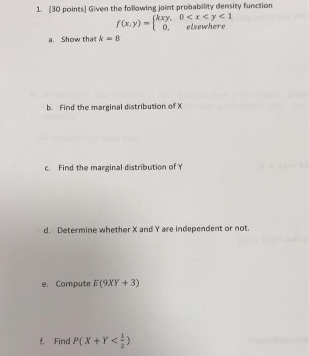 Solved 1. [30 points] Given the following joint probability | Chegg.com
