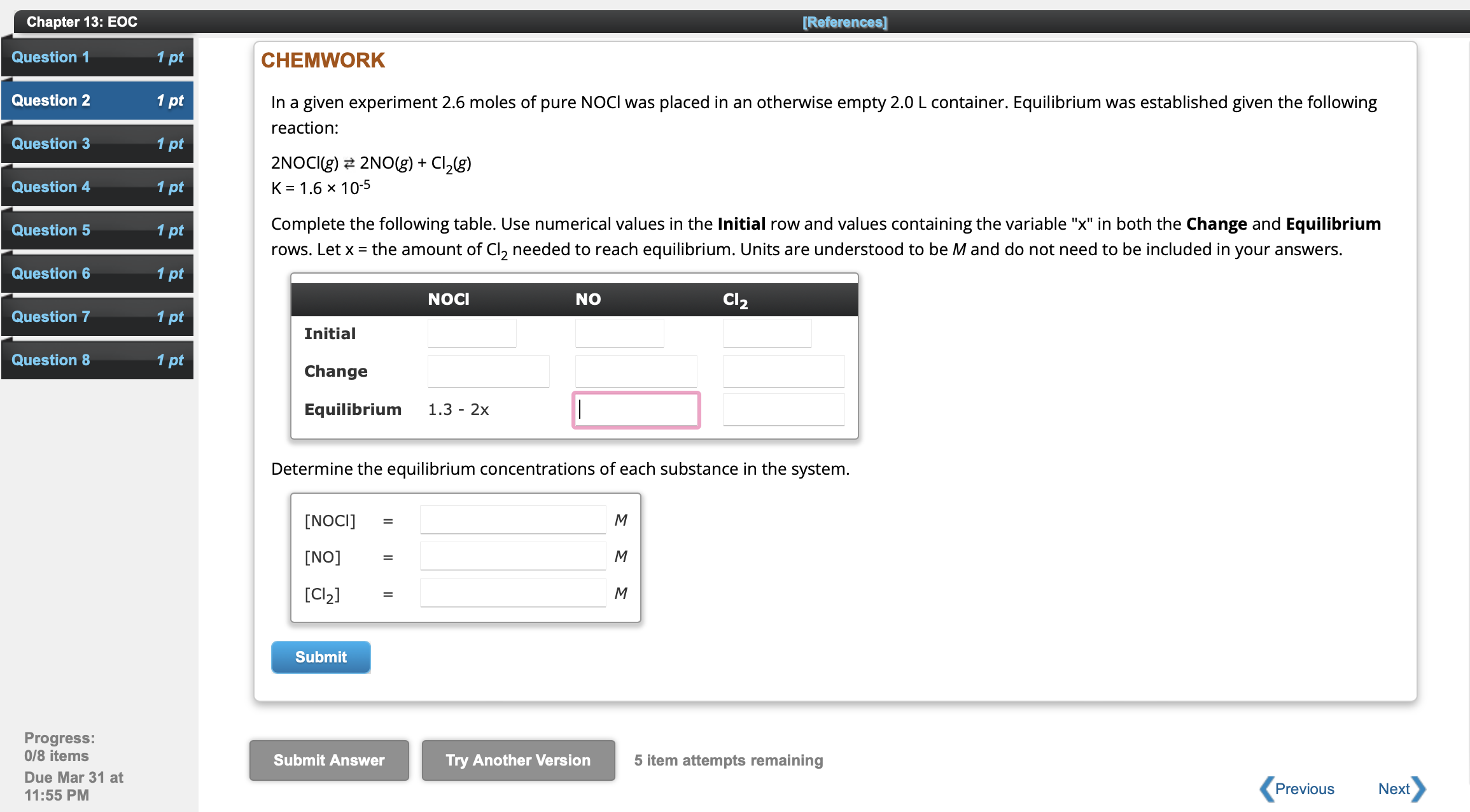 Solved In a given experiment 2.6 ﻿moles of pure NOCl was | Chegg.com