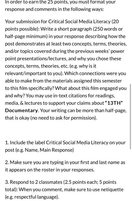 Critical Social Media Literacy Assignment (25 total | Chegg.com