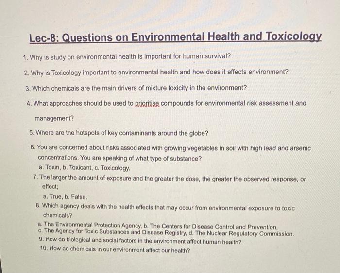 Solved Lec-8: Questions on Environmental Health and | Chegg.com
