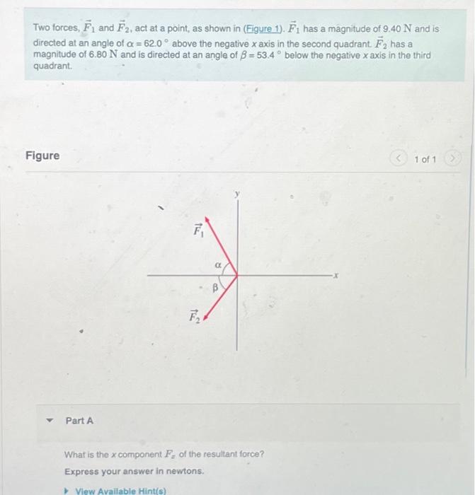 Solved Two forces, F₁ and F2, act at a point, as shown in | Chegg.com