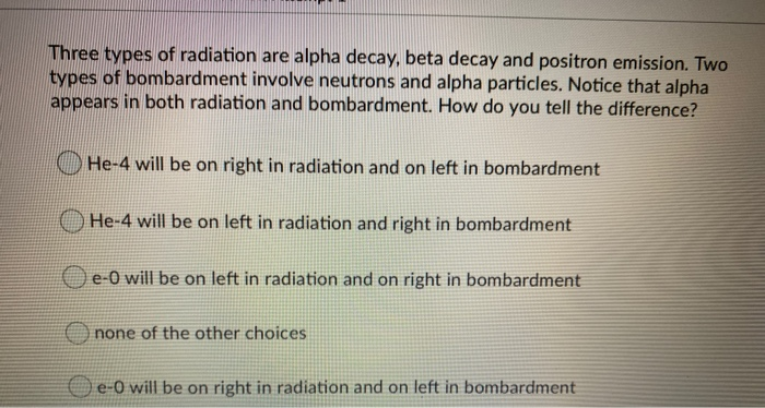 Solved Three types of radiation are alpha decay, beta decay | Chegg.com
