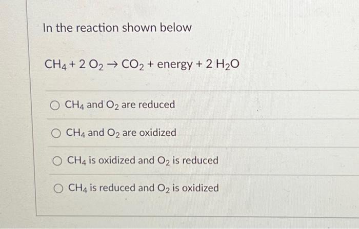 Solved In the reaction shown below CH4+2O2→CO2+ energy +2H2O | Chegg.com