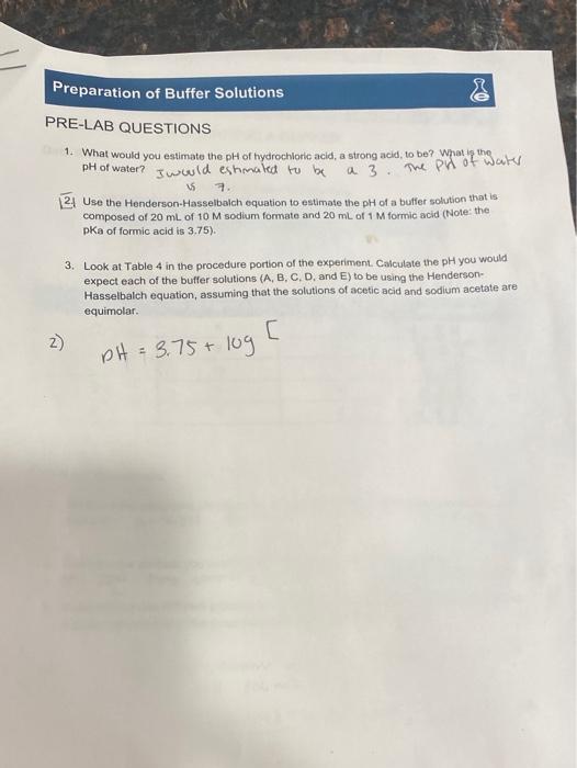 Solved Preparation of Buffer Solutions & PRE-LAB QUESTIONS | Chegg.com