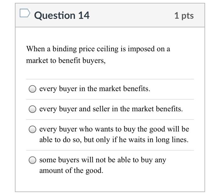 Solved Question 14 1 pts When a binding price ceiling is | Chegg.com