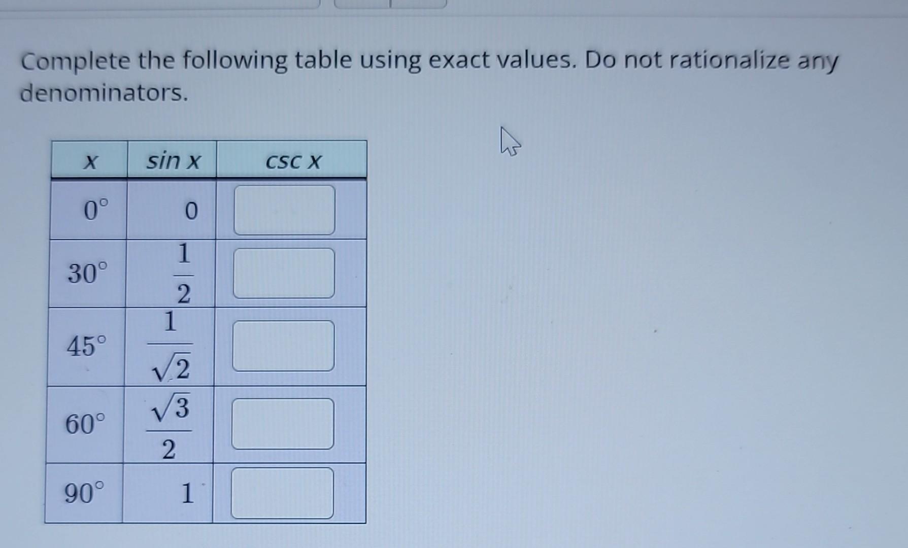 Solved Complete the following table using exact values. Do | Chegg.com