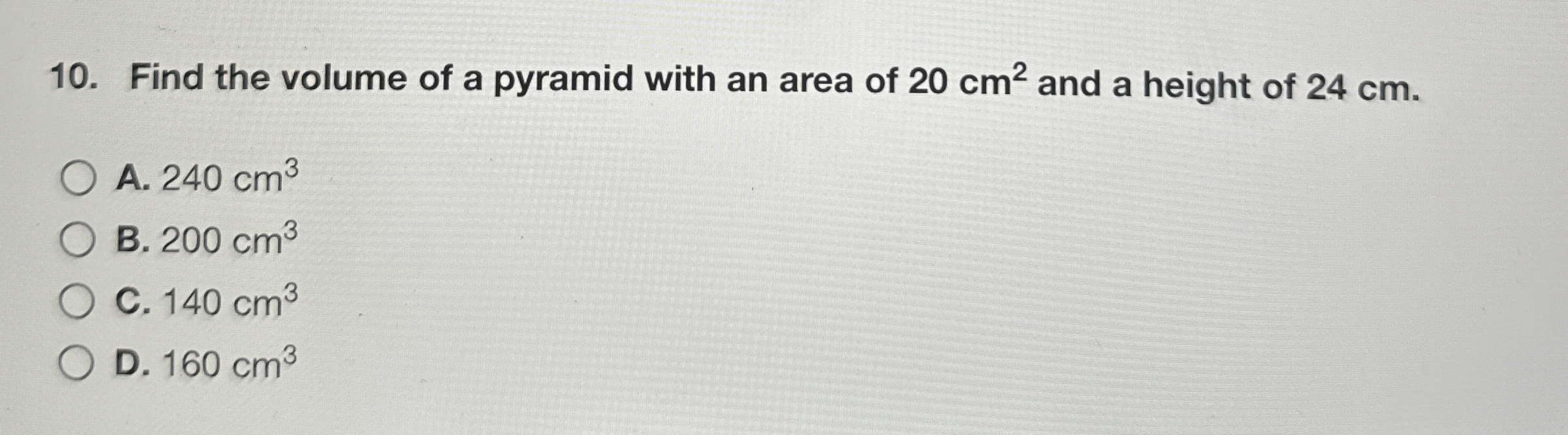 Solved Find the volume of a pyramid with an area of 20cm2 | Chegg.com