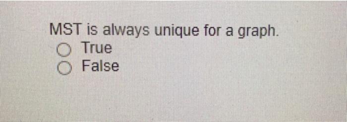 Solved MST is always unique for a graph. O True O False | Chegg.com