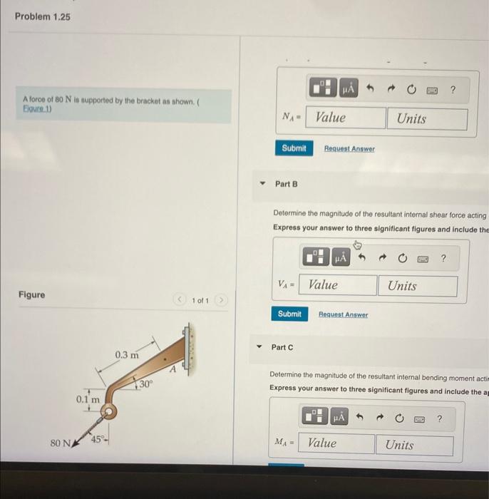 Solved A force of B0 N is tupported by the bracket as shown. | Chegg.com