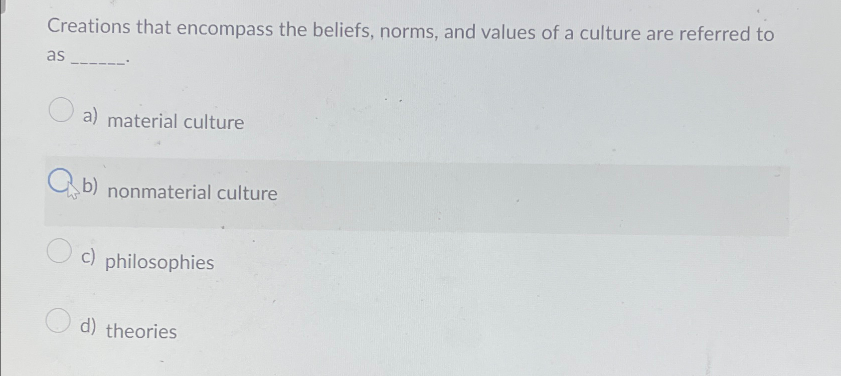 Solved Creations that encompass the beliefs, norms, and | Chegg.com