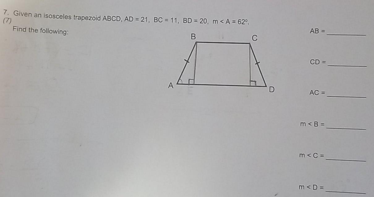Solved 7. Given an isosceles trapezoid ABCD, AD = 21, BC = | Chegg.com