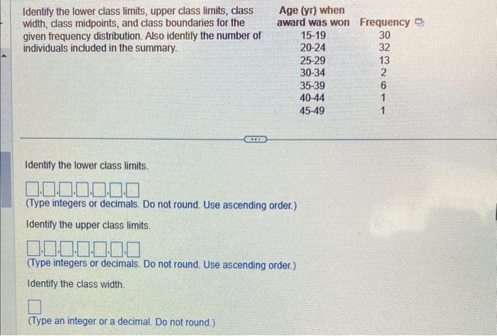 Solved Identify the lower class limits, upper class limits, | Chegg.com