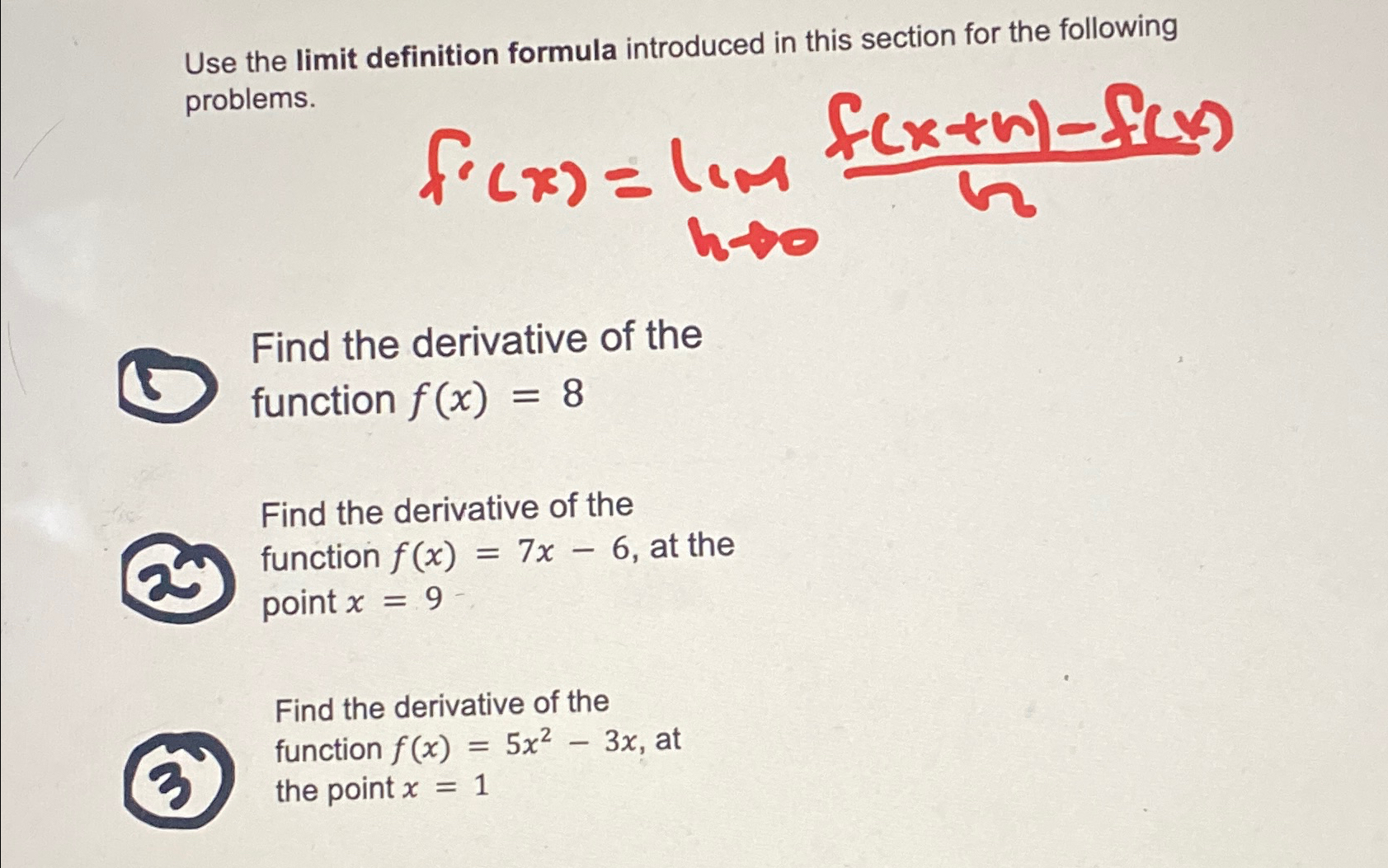 Solved Use the limit definition formula introduced in this | Chegg.com