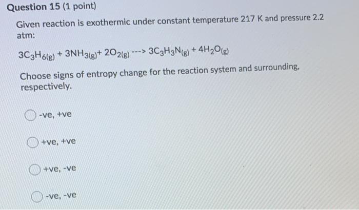 Solved Question 15 (1 point) Given reaction is exothermic | Chegg.com