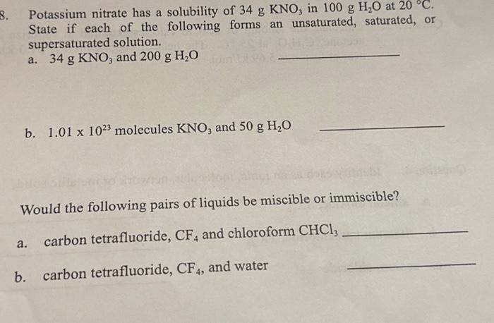 Solved 8. Potassium nitrate has a solubility of 34 g KNO, in | Chegg.com