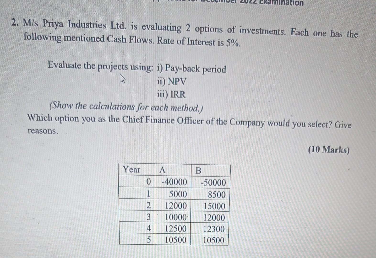 Solved 2. M/s Priya Industries Ltd. is evaluating 2 options | Chegg.com