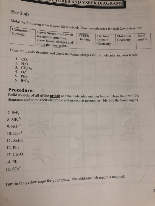 Solved CTURES AND VSEPR DIAGRAMS Pre Lab Make the following | Chegg.com