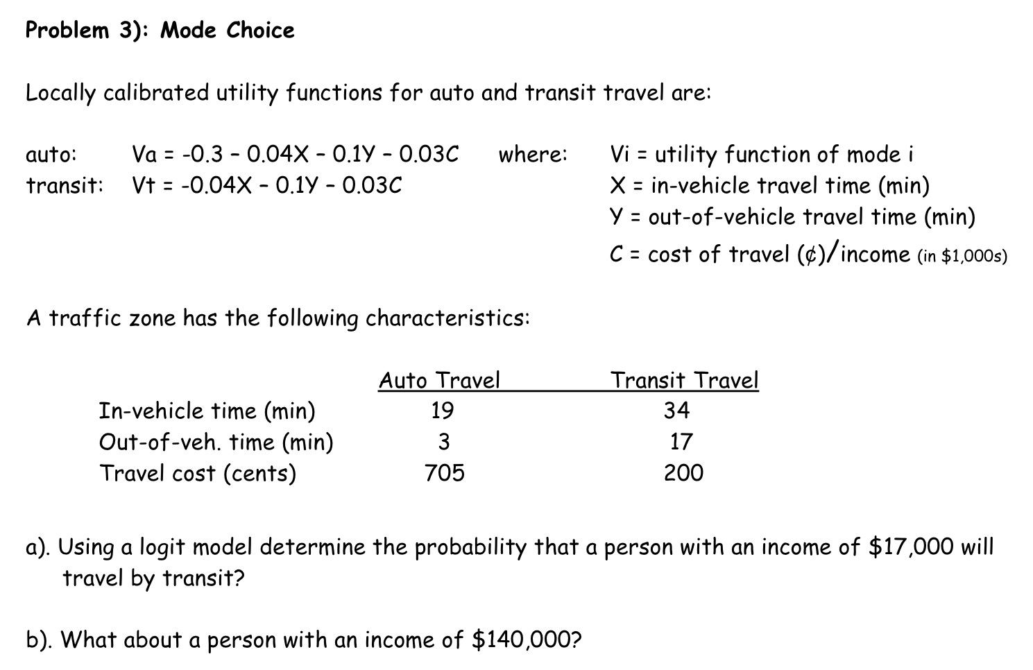 Solved Problem 3): Mode ChoiceLocally calibrated utility | Chegg.com