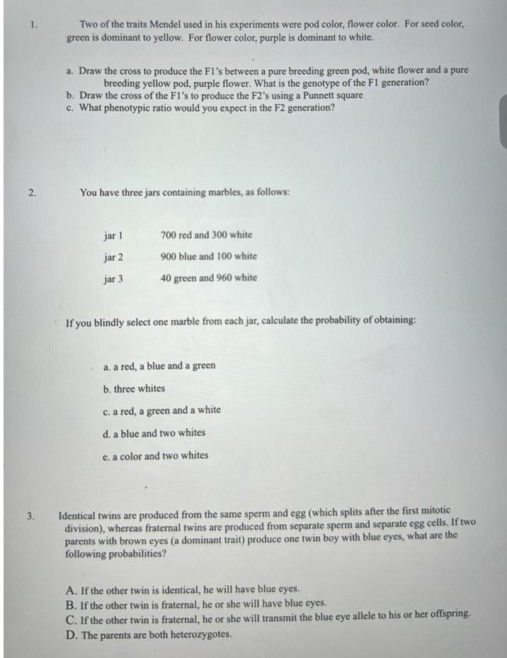 Solved Two of the traits Mendel used in his experiments were | Chegg.com