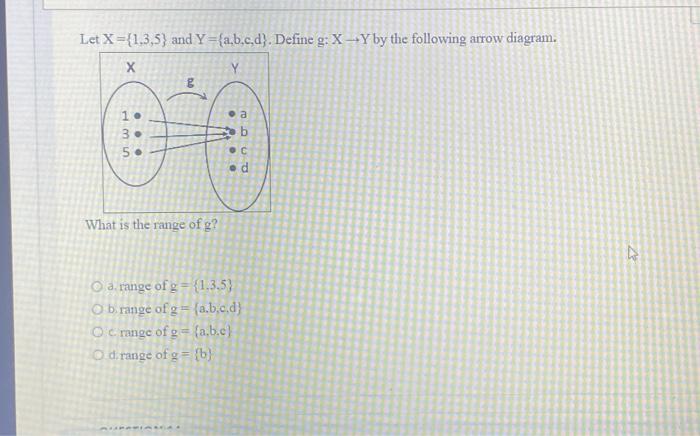 Solved Let X={1,3,5} and Y={a,b,c,d}. Define g:X→Y by the | Chegg.com